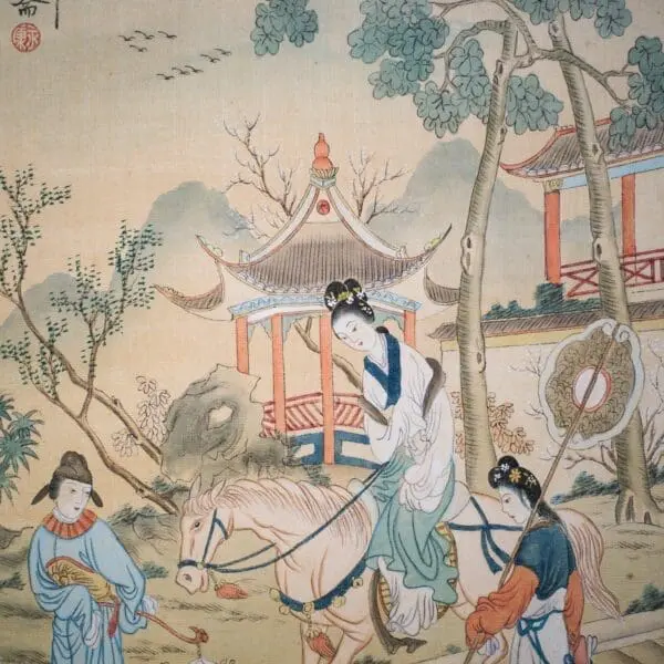 Large Pair of Chinese Paintings on Silk With Calligraphy Inscriptions ...