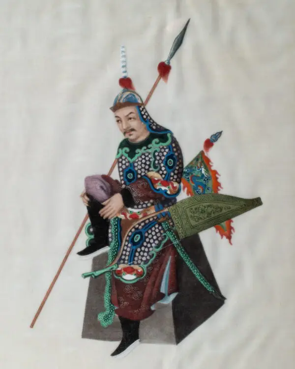 Large Chinese Antique 19th C Qing Warrior Export Gouache Painting on ...