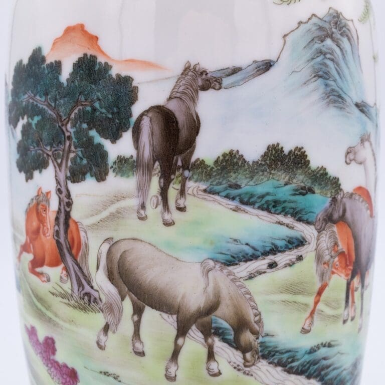 Chinese Famille Rose Porcelain Vase Depicting Eight Horses of Mu Wang ...