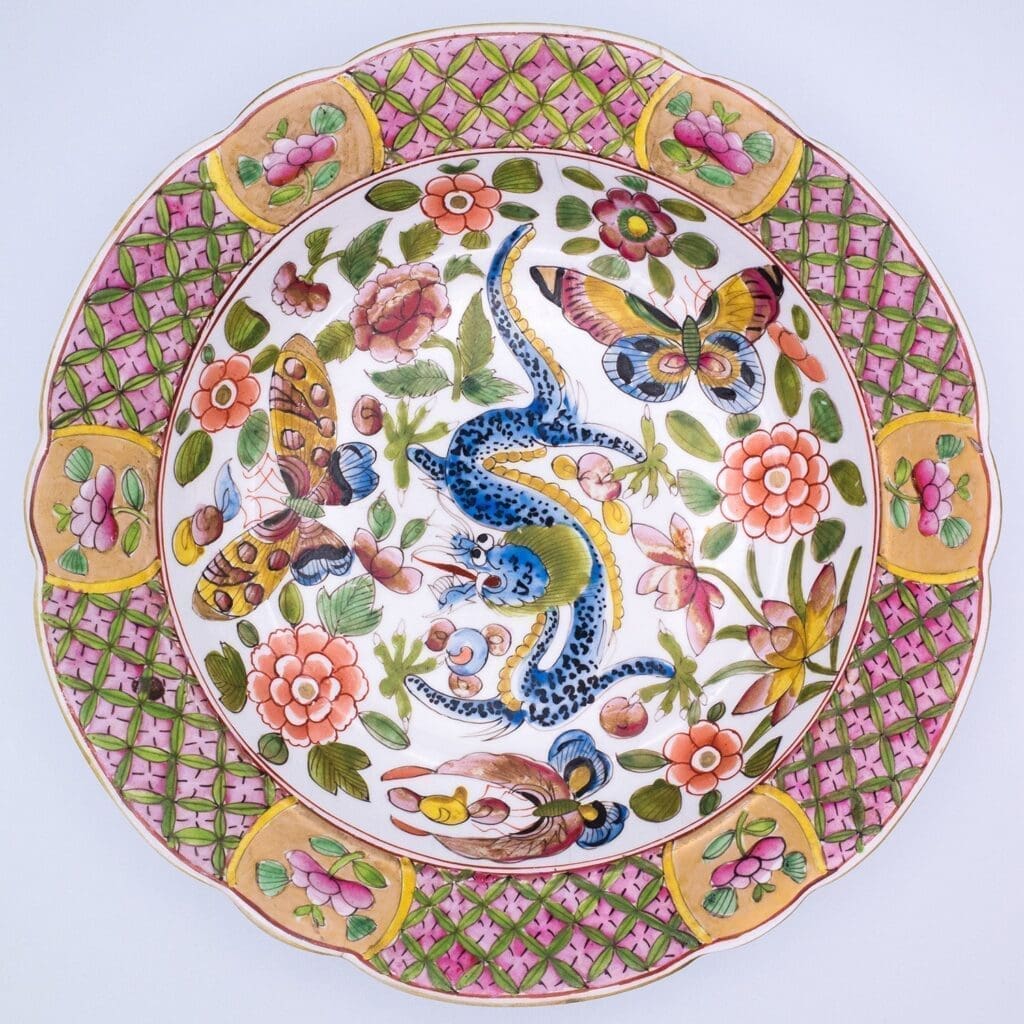 Antique English Clobbered Ironstone Plate with Dragon and Butterfly ...