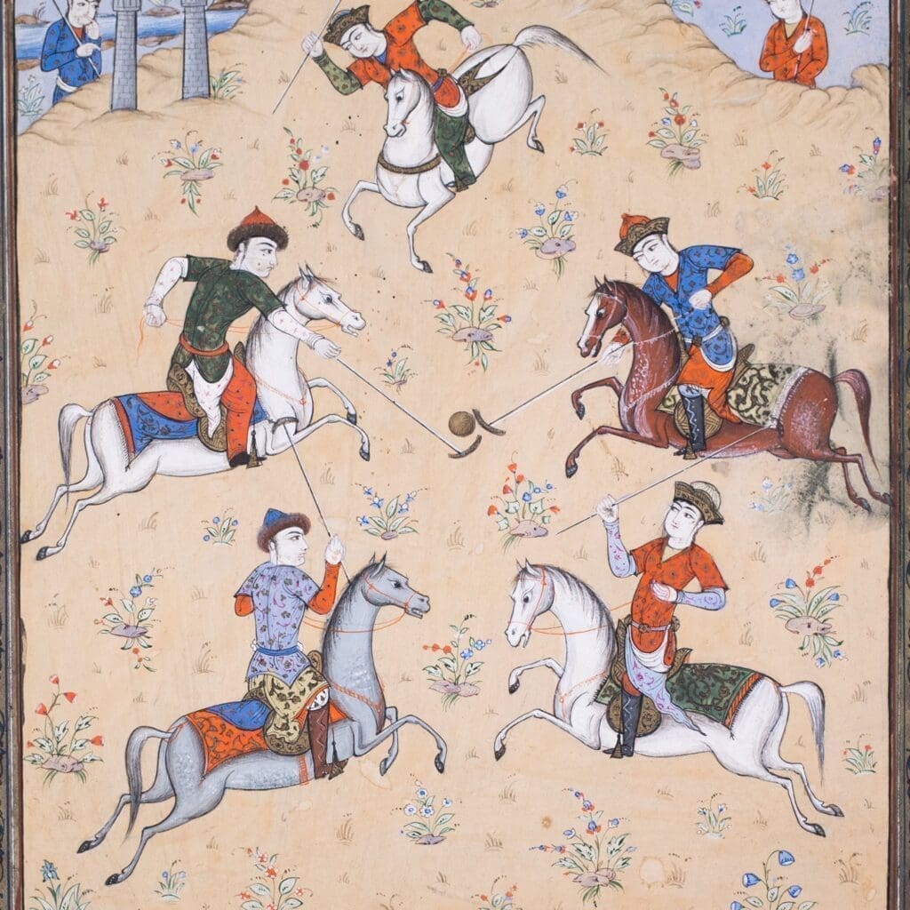 Antique Persian Miniature Painting of Chovgan Polo Game. Folio from ...