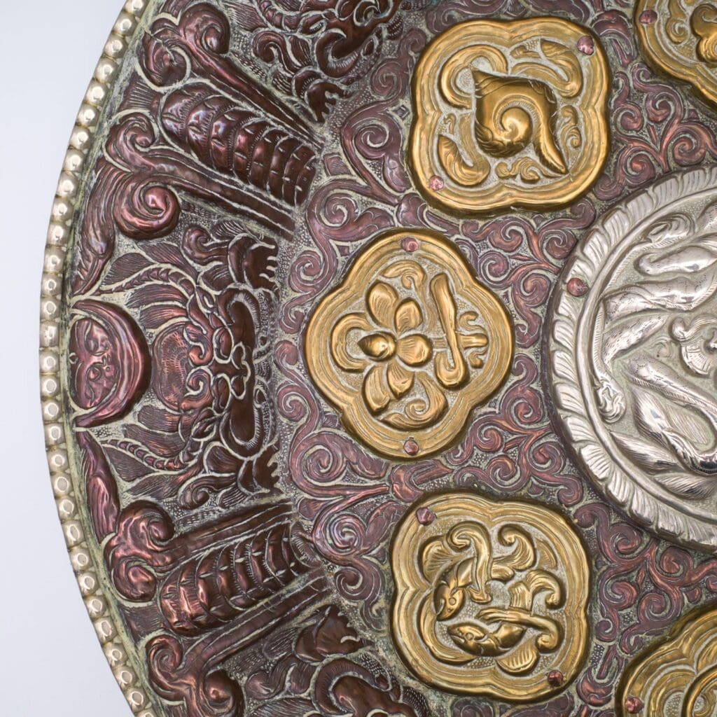 Large Tibetan Buddhist Copper Repousse Plaque With Silver Dragon and ...