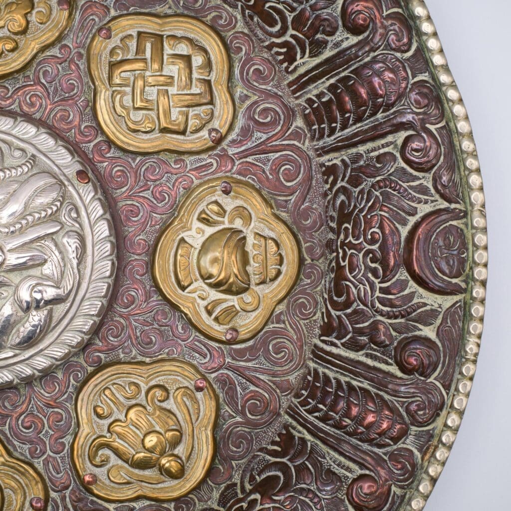 Large Tibetan Buddhist Copper Repousse Plaque With Silver Dragon and ...