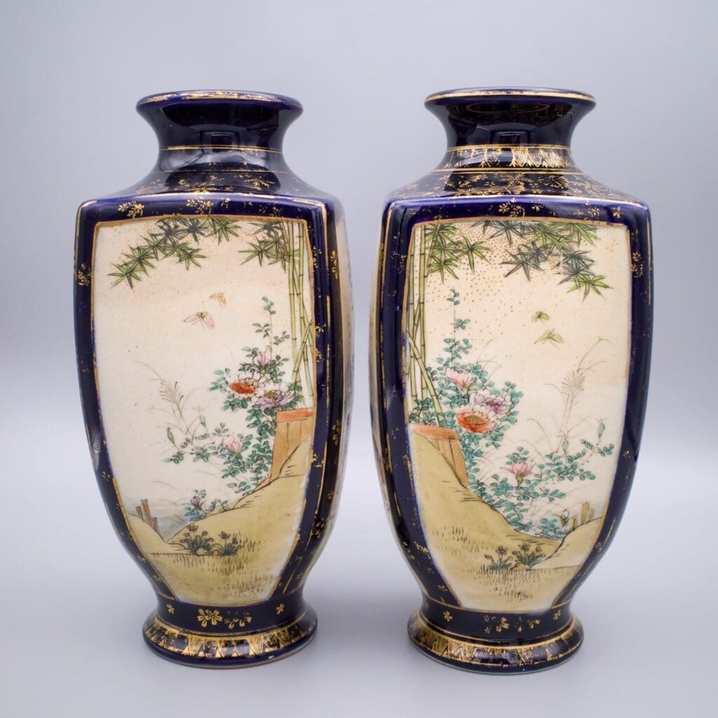 Pair of Antique Japanese Blue-Ground Satsuma Vases by Kusube Sennosuke ...