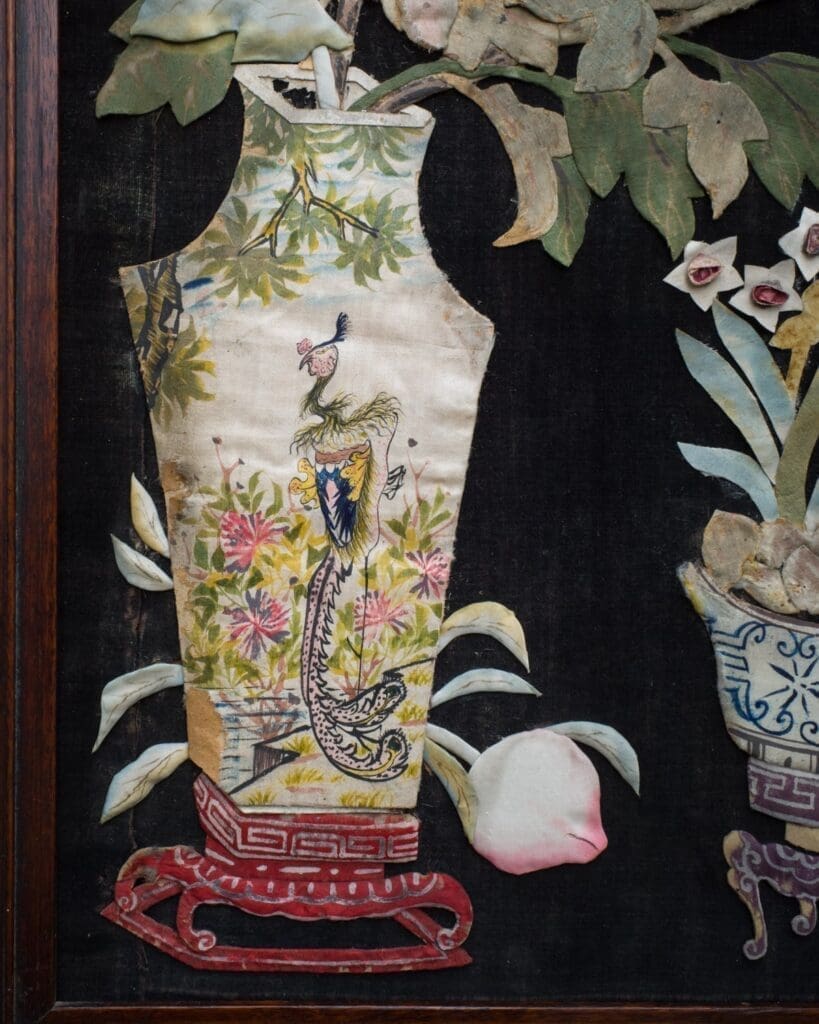 Pair of Antique Chinese Silk and Velvet Panels Depicting Vases With ...