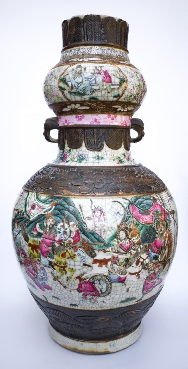 Large Antique Chinese Nanking Warrior Vase With Mask Handles. Late 19th ...