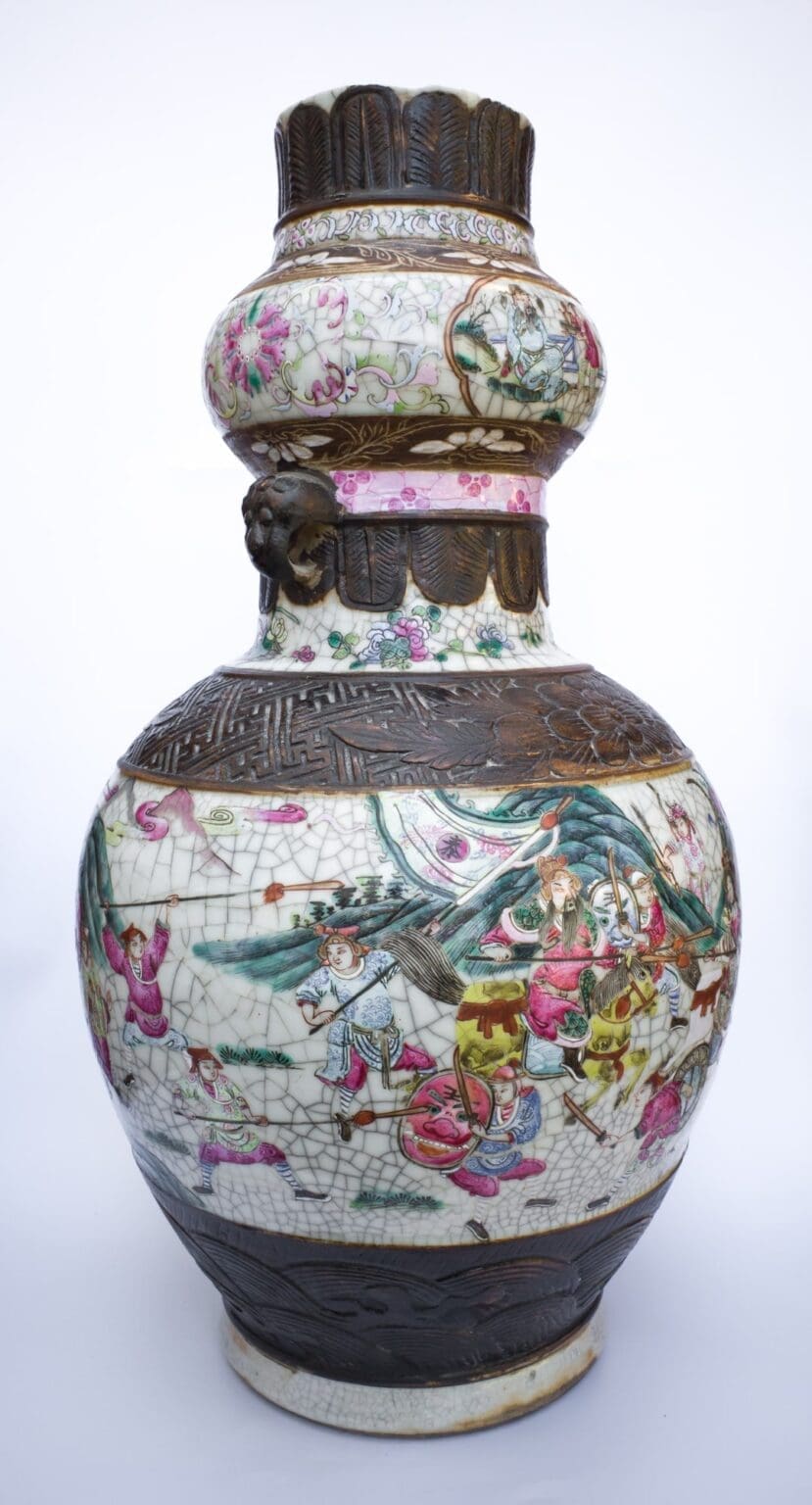 Large Antique Chinese Nanking Warrior Vase With Mask Handles. Late 19th ...