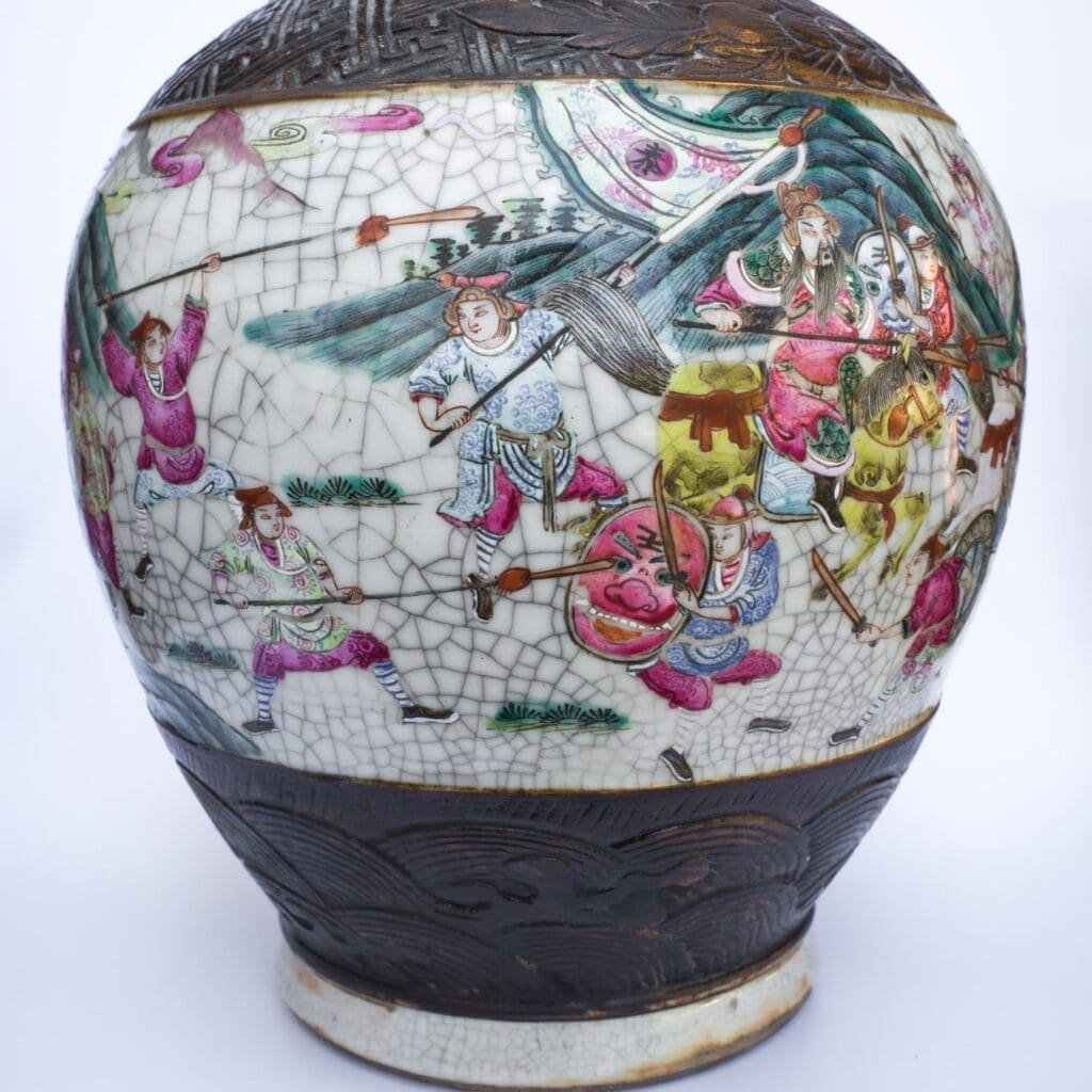 Large Antique Chinese Nanking Warrior Vase With Mask Handles. Late 19th ...