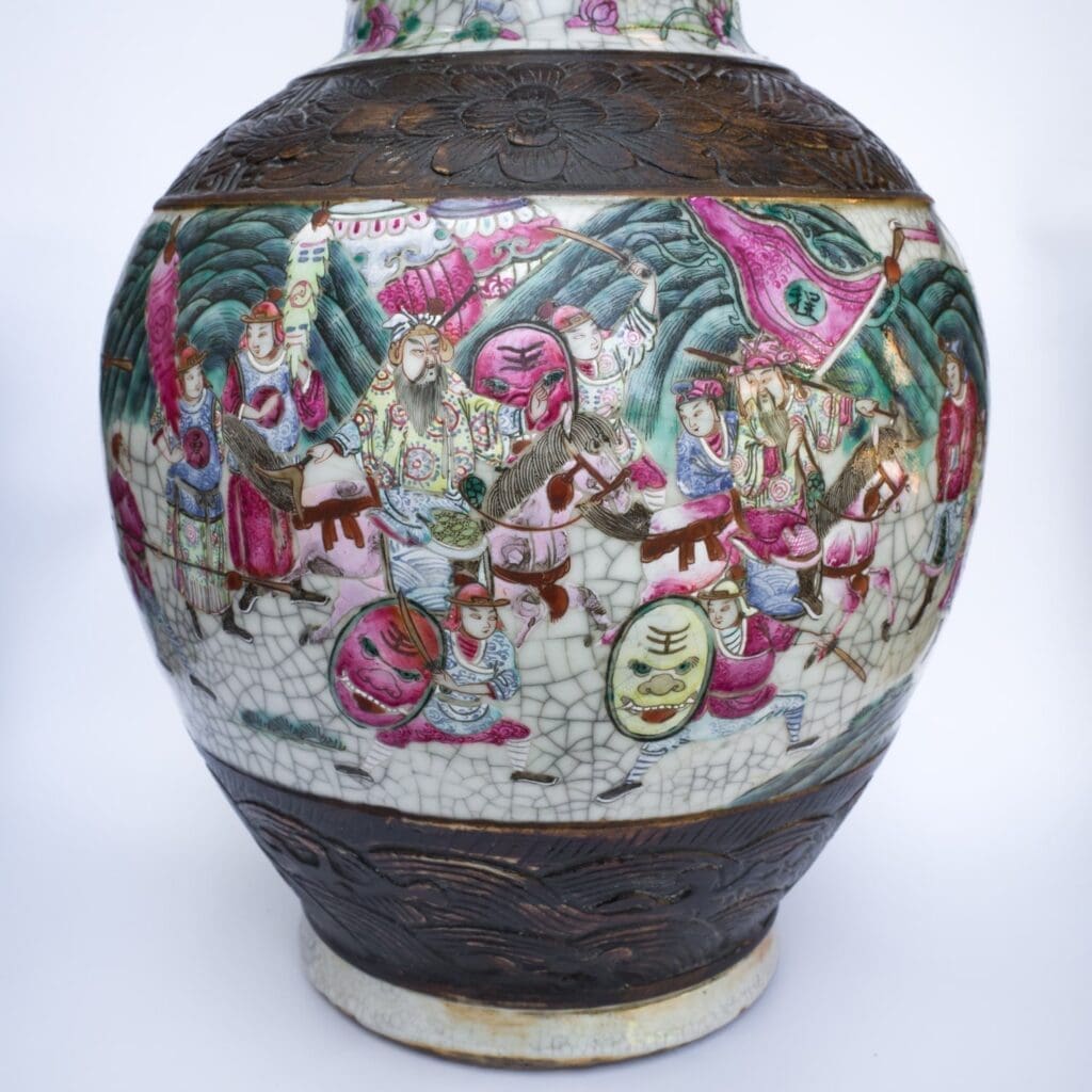Large Antique Chinese Nanking Warrior Vase With Mask Handles. Late 19th ...