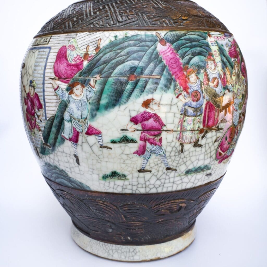 Large Antique Chinese Nanking Warrior Vase With Mask Handles. Late 19th ...