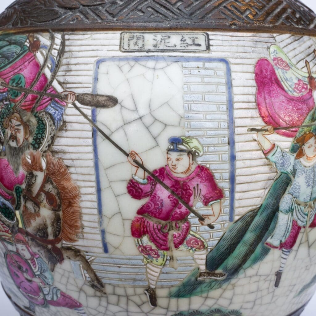 Large Antique Chinese Nanking Warrior Vase With Mask Handles. Late 19th ...