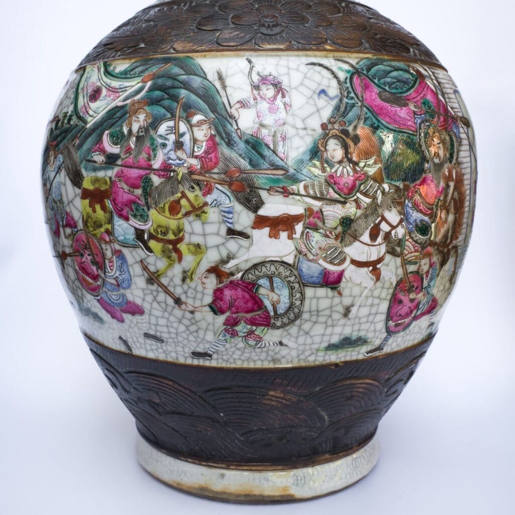 Large Antique Chinese Nanking Warrior Vase With Mask Handles. Late 19th ...