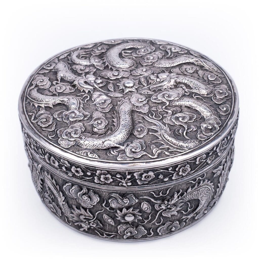 Antique Chinese Silver Box Decorated With Dragons Chasing Flaming ...