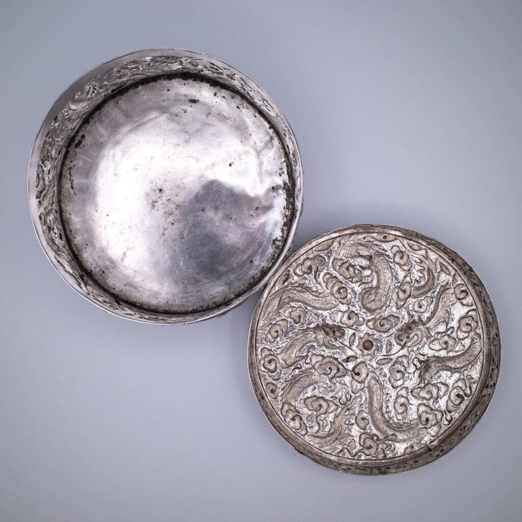 Antique Chinese Silver Box Decorated With Dragons Chasing Flaming ...