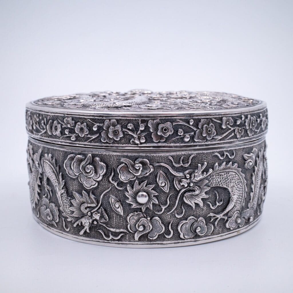 Antique Chinese Silver Box Decorated With Dragons Chasing Flaming ...