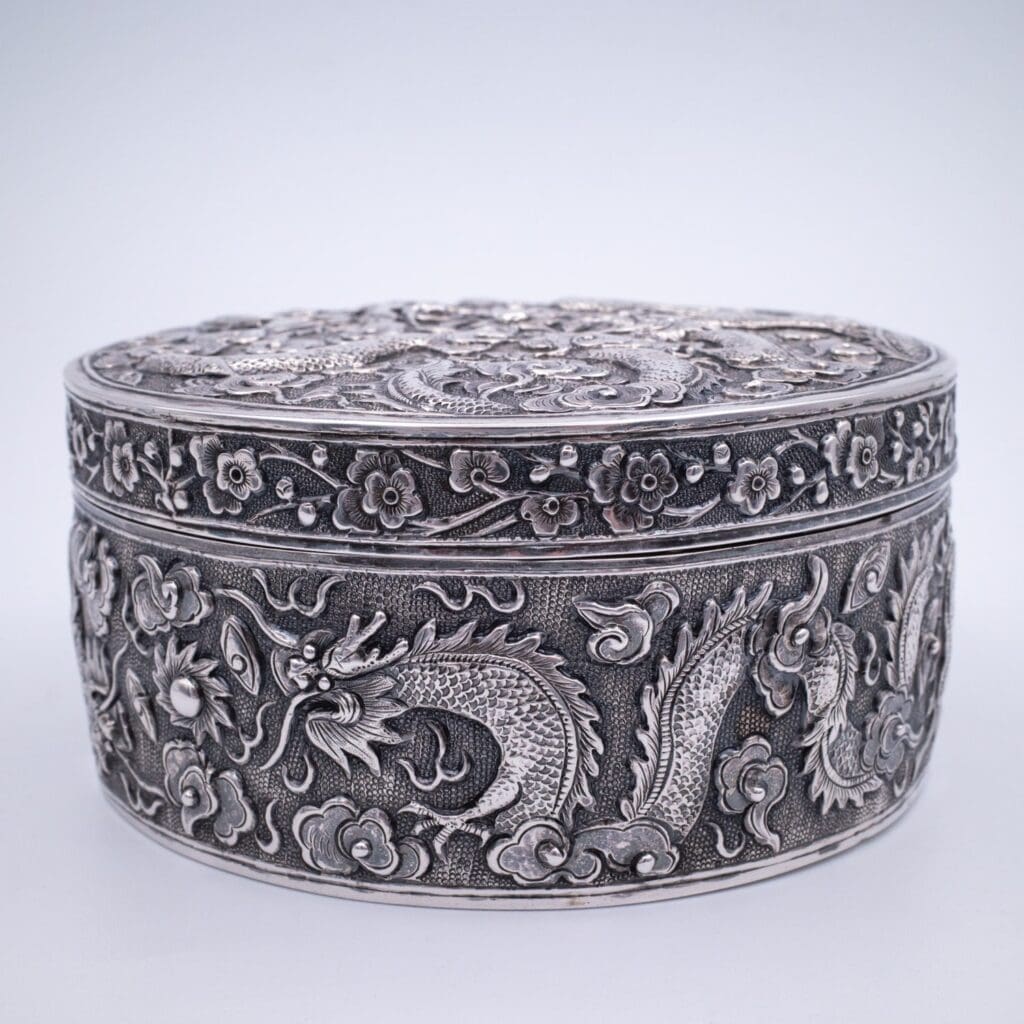 Antique Chinese Silver Box Decorated With Dragons Chasing Flaming ...