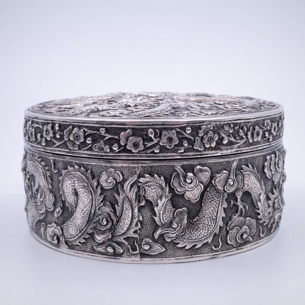 Antique Chinese Silver Box Decorated With Dragons Chasing Flaming ...
