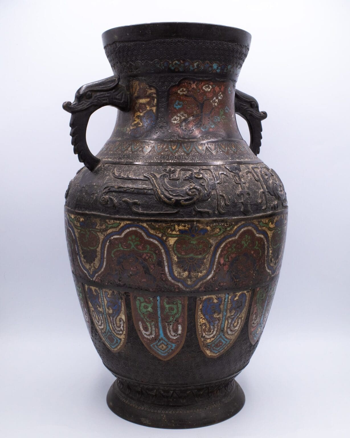 Large Antique Japanese Archaistic Bronze Champleve Vase With Twin ...