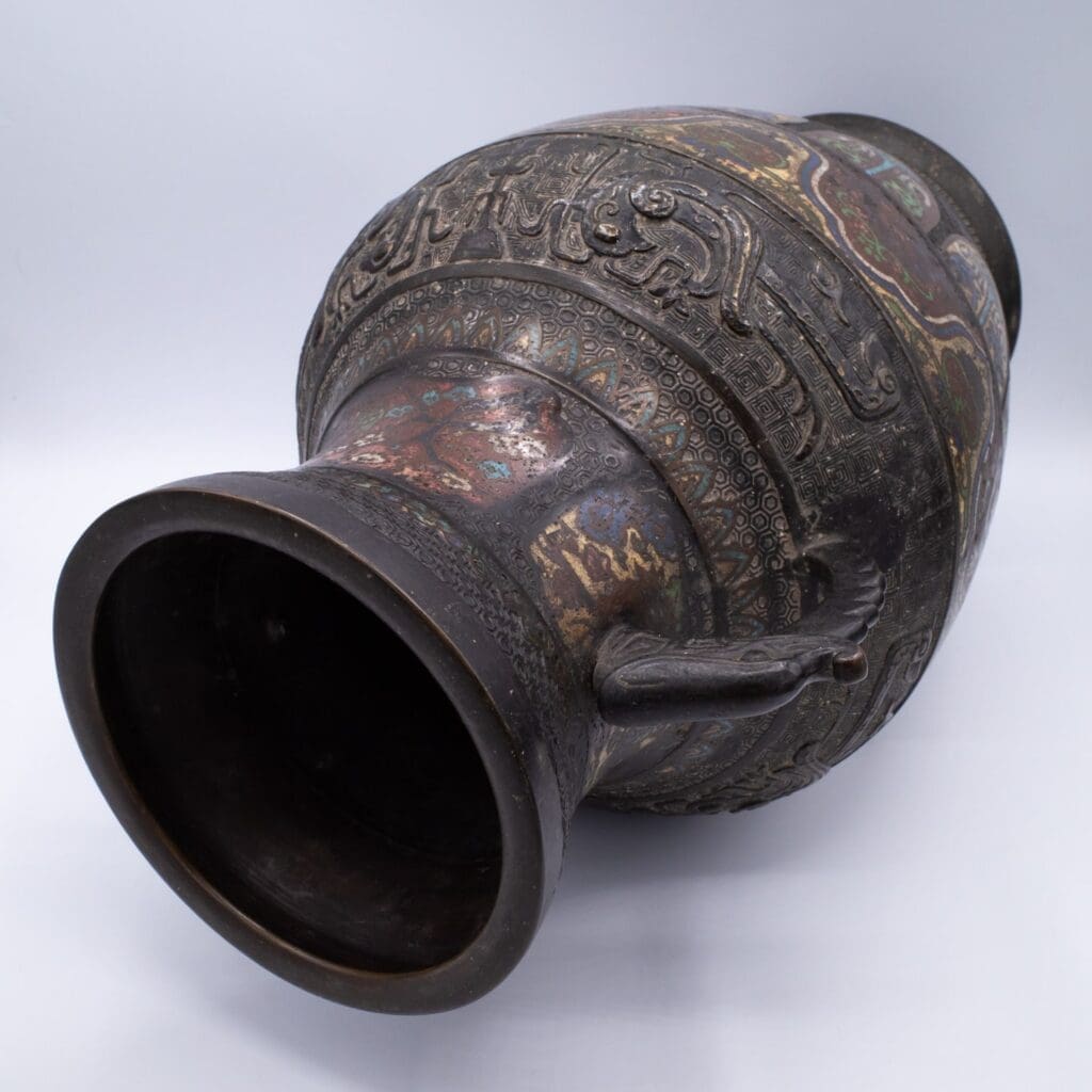 Large Antique Japanese Archaistic Bronze Champleve Vase With Twin ...