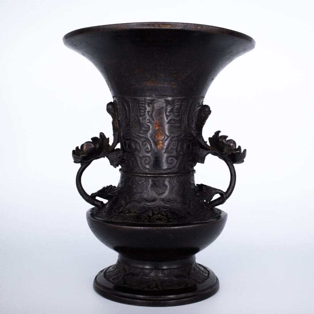 Antique Bronze Gu Form Altar Vase With Taotie Mask Decoration and ...