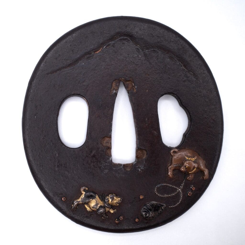 Antique Japanese Iroe Zogan Inlaid Iron Tsuba With Puppies. Edo Period ...
