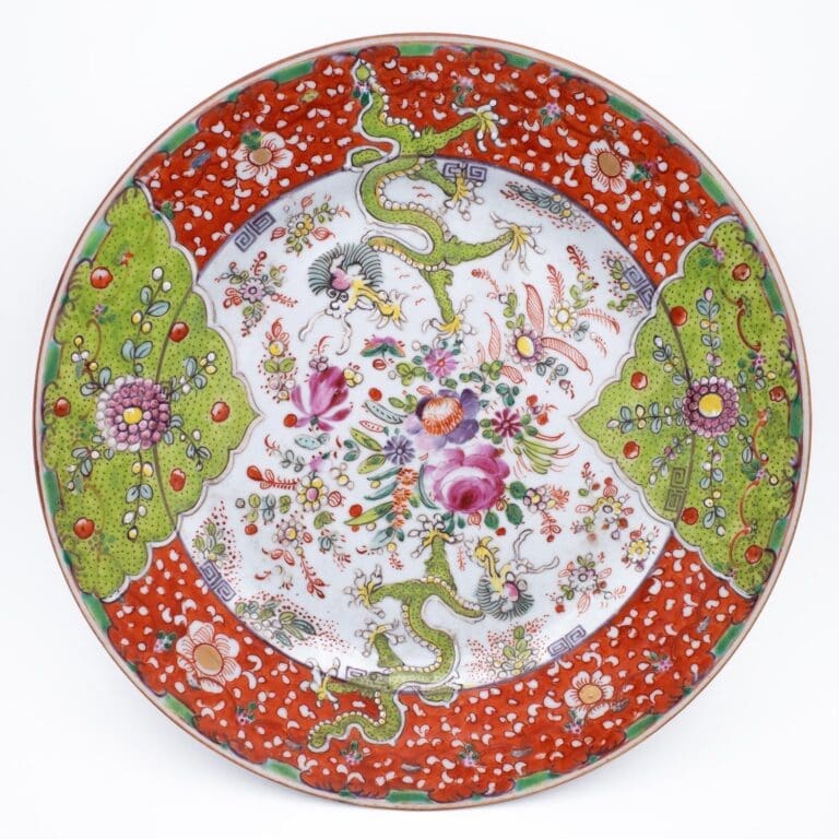 Antique Chinese Clobbered Famille Rose Porcelain Dish With Dragons ...