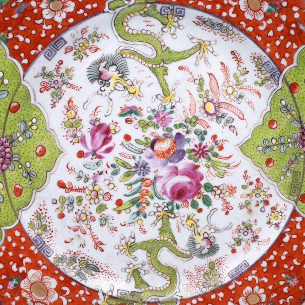 Antique Chinese Clobbered Famille Rose Porcelain Dish With Dragons ...