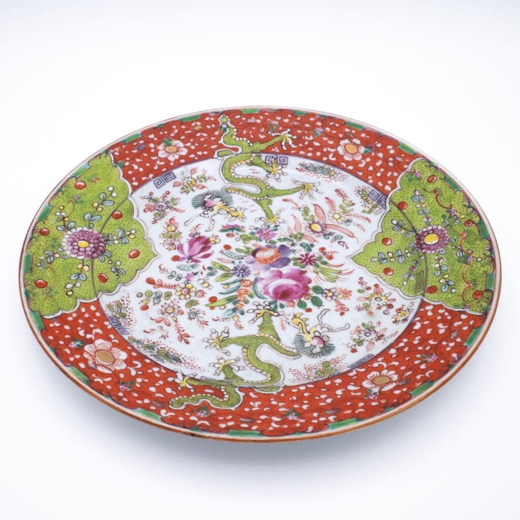 Antique Chinese Clobbered Famille Rose Porcelain Dish With Dragons ...