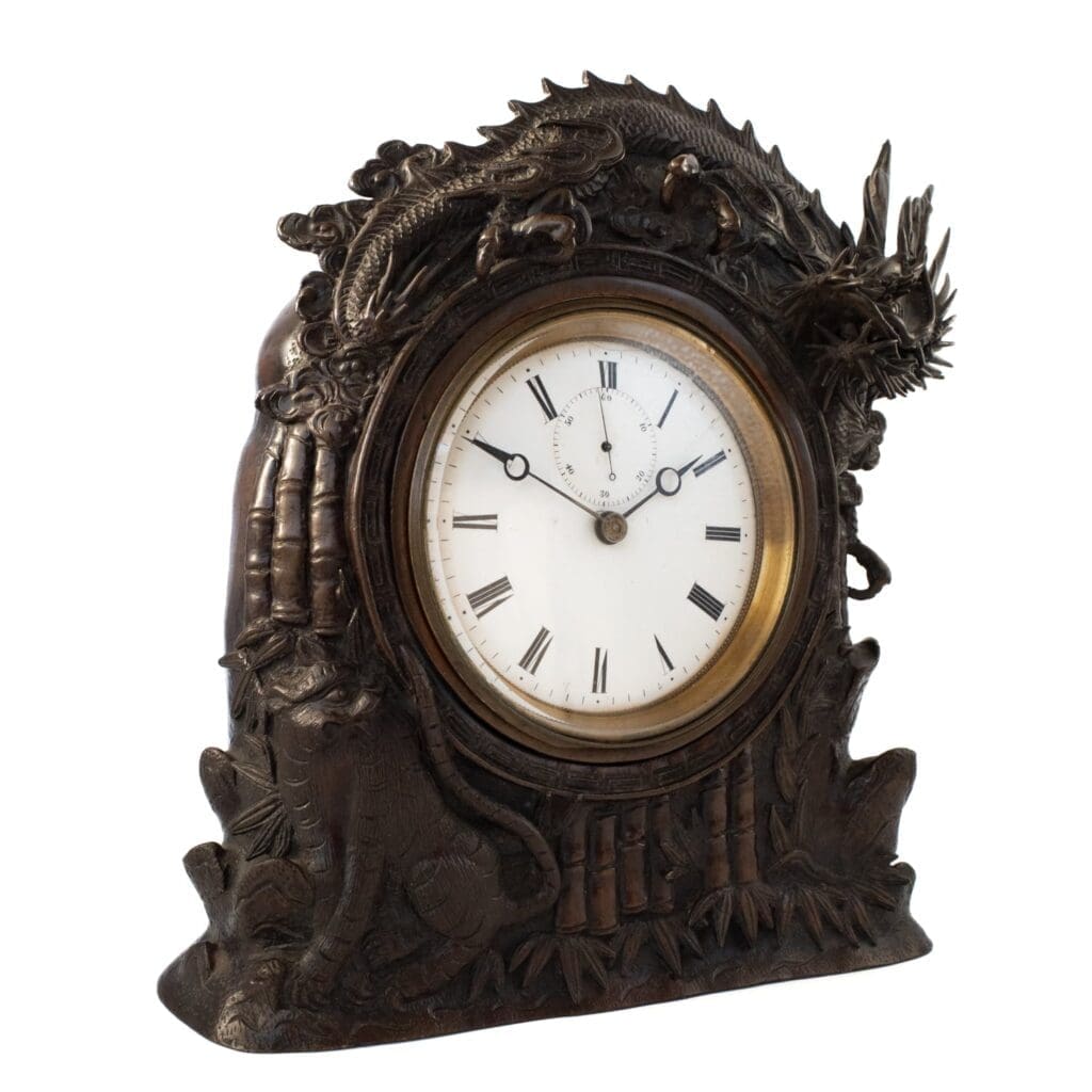 Fine Antique Japanese Bronze Mantel Clock With Dragon and Tiger. 19th ...