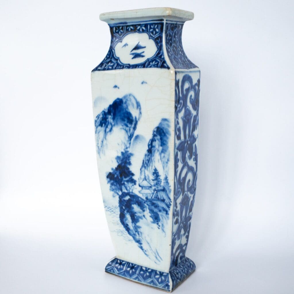Large Antique Japanese Rectangular Blue and White Porcelain Vase. 19th ...